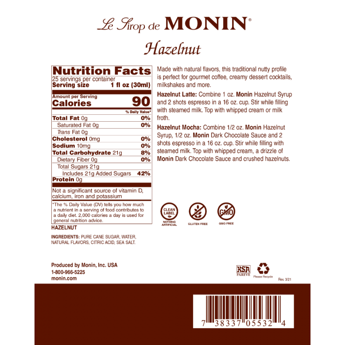 Monin - Hazelnut Syrup 750ML